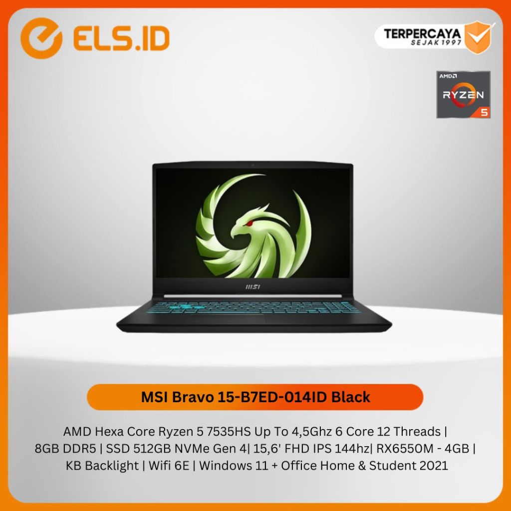 Jual MSI Bravo 15-B7ED-014ID Black [ AMD Ryzen 5 7535HS - 8GB DDR5 - SSD 512GB ] | Shopee Indonesia