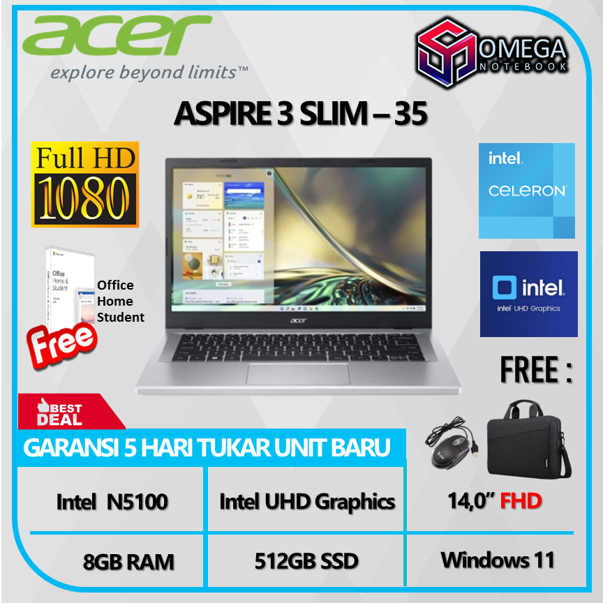 Jual ACER Aspitre 3 SLIM A314 - 35 N5100 8GB 512GB 14.0FHD Windows 11 ...