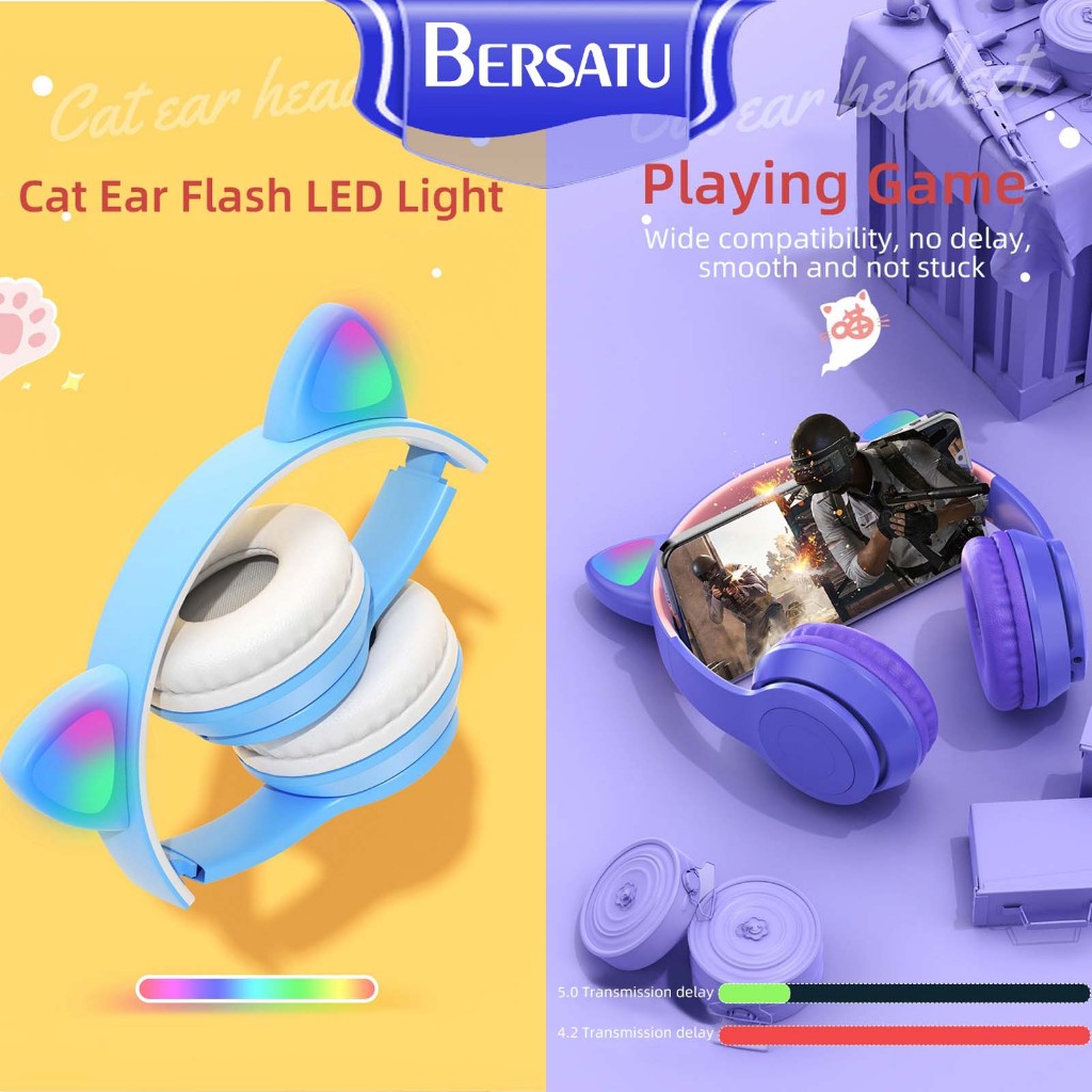 Jual Headset Headphone bluetooth Led Cat ear Wireless gaming model ...