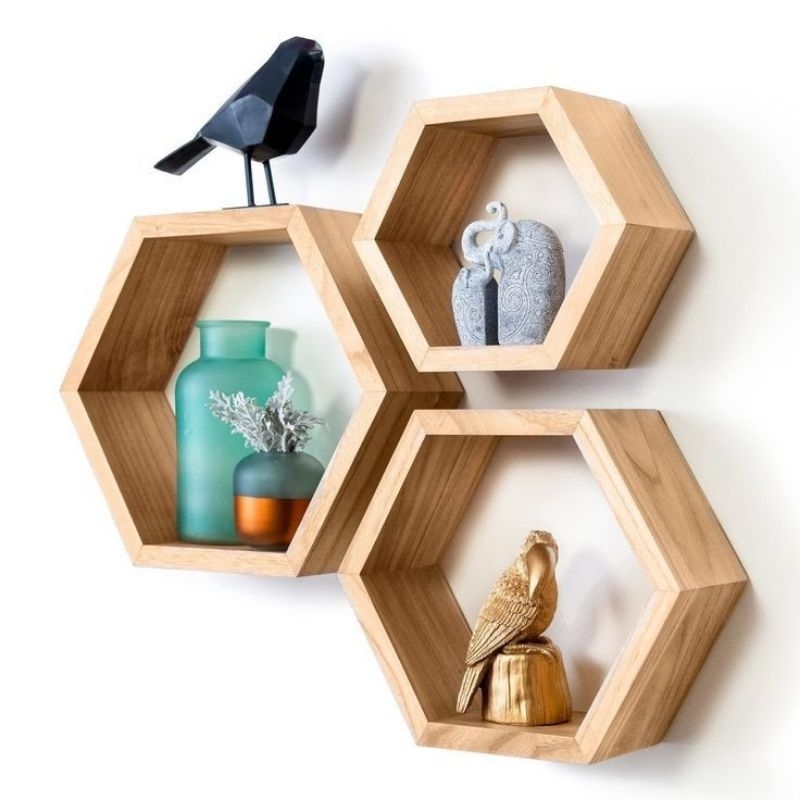 Jual Rak Dinding Kayu Hexagonal Hiasan Dinding Dekorasi Rumah