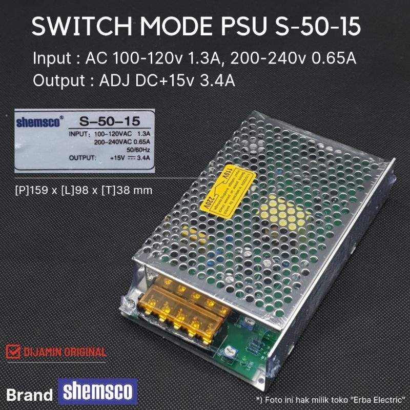Jual SMPS 15vdc 3.3a Shemsco S-50-15 Switching Power Supply AC DC Trafo ...