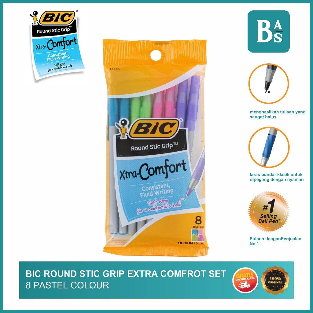 Jual Bic - Pulpen 1mm - Round Stic Grip Extra Comfrot Set 8 Pastel ...