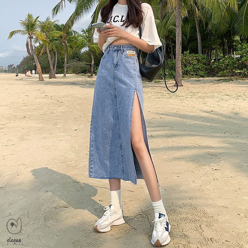 Jual rok korean style jumbo rok jeans wanita panjang rok denim robek ...