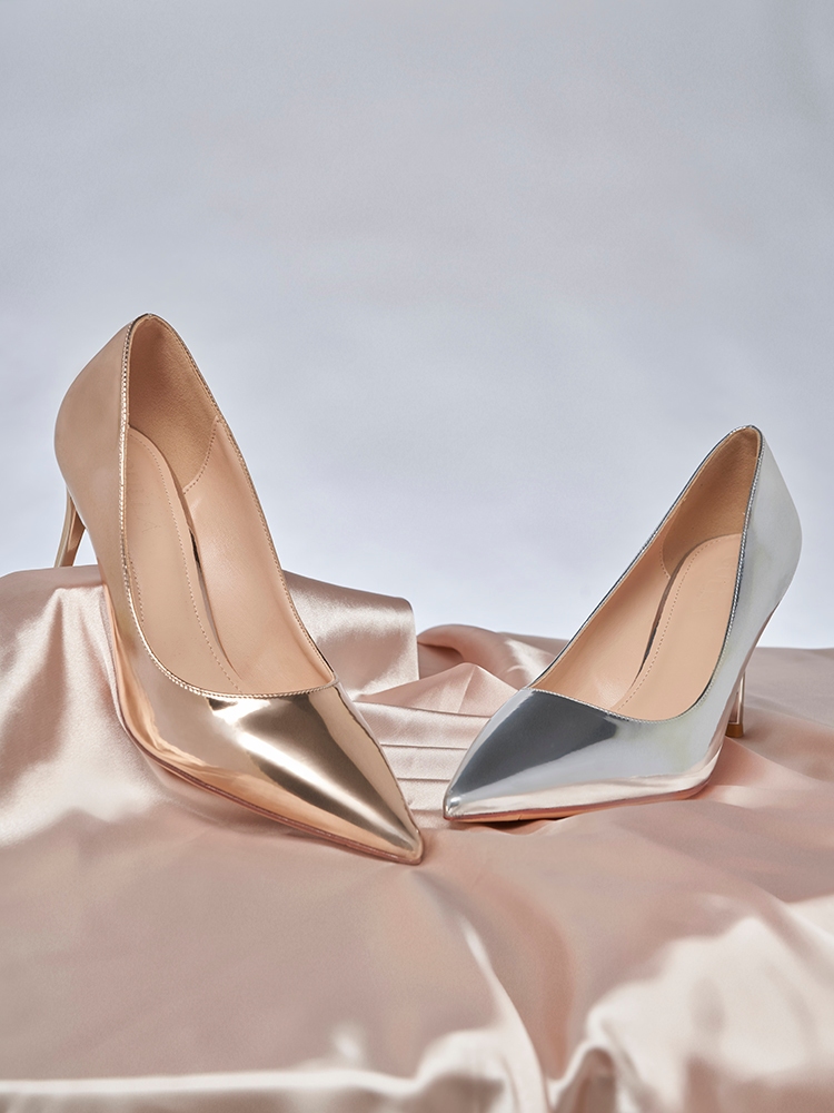 Jual 【Gulla】8cm Heels Gold/Silver Liquid Metal Leather Pointed Pumps ...