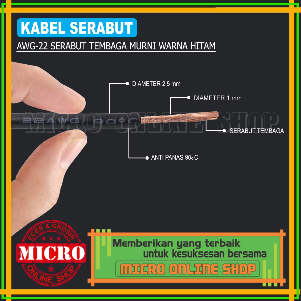 Jual PAKET 3 METER Kabel Serabut AWG-22 Hitam / Kabel Kelistrikan Motor ...