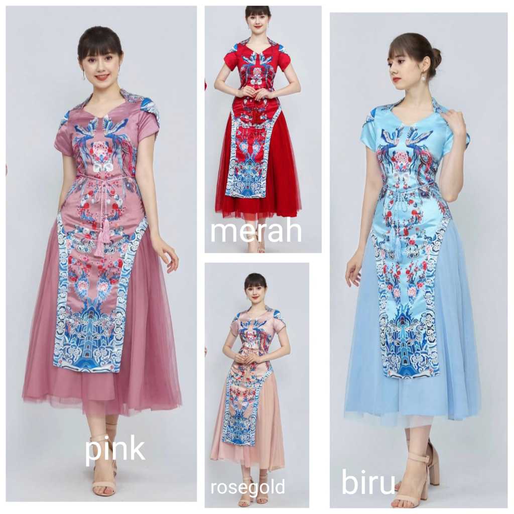 Jual Midi Dress set cheongsam rok tutu pink merah rose gold biru ws10 ...