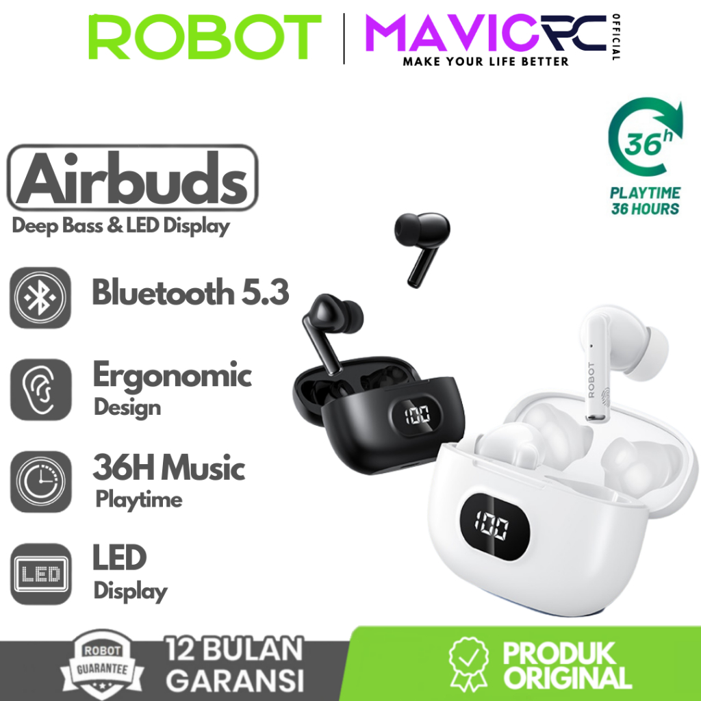 Jual ROBOT Airbuds T70 TWS Headset Bluetooth Earbuds Earphone Wireless ...