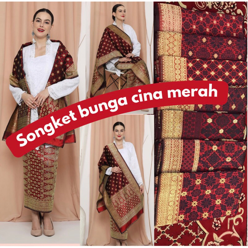 Jual SONGKET BUNGA CINA MERAH KOMBINASI HITAM | Shopee Indonesia