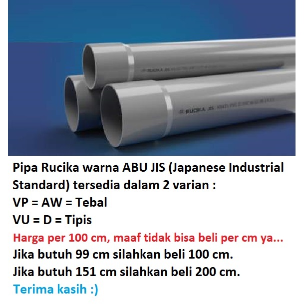 Jual Pipa PVC Rucika JIS abu 4" 4 in inch inci harga per meter meteran 100 cm 100cm 1m 1 m ada ...