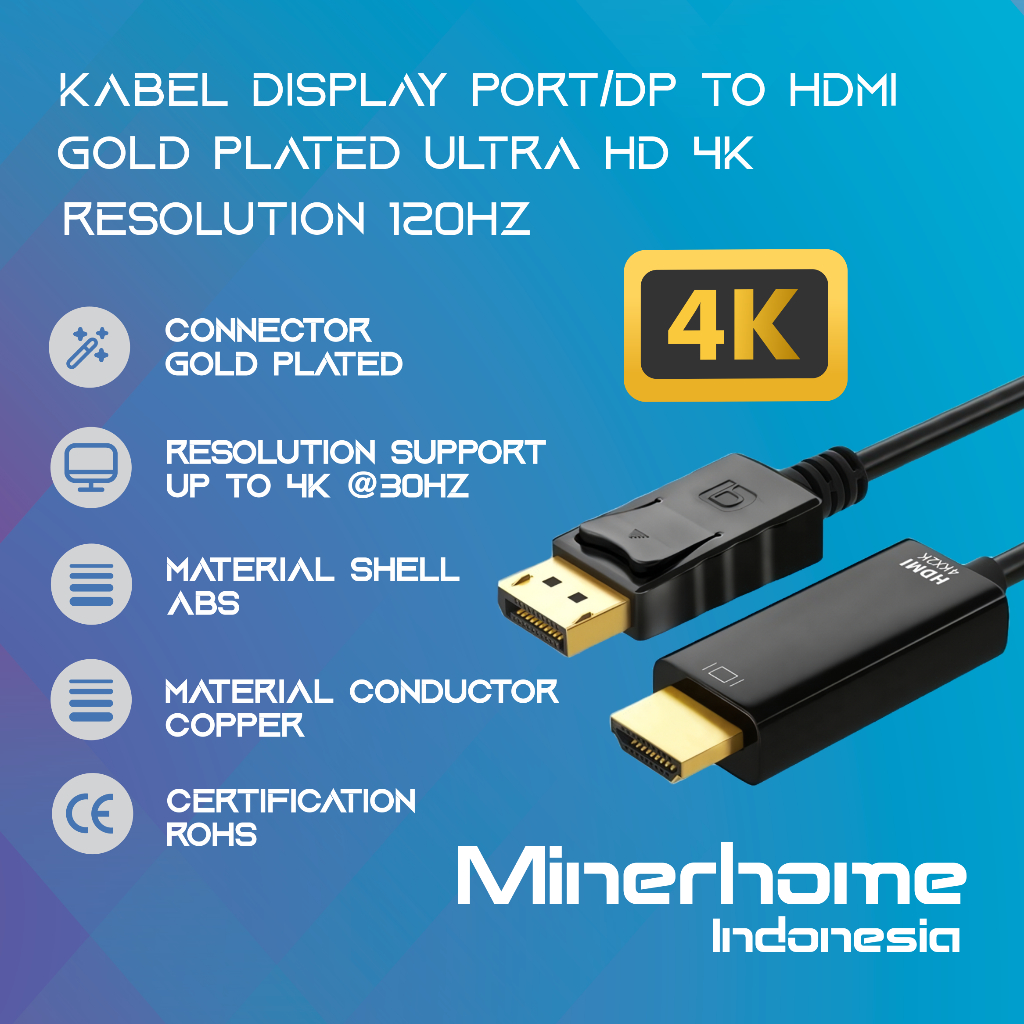 Jual Kabel Display Port / DP to HDMI Gold Plated 4K 120Hz High Quality ...