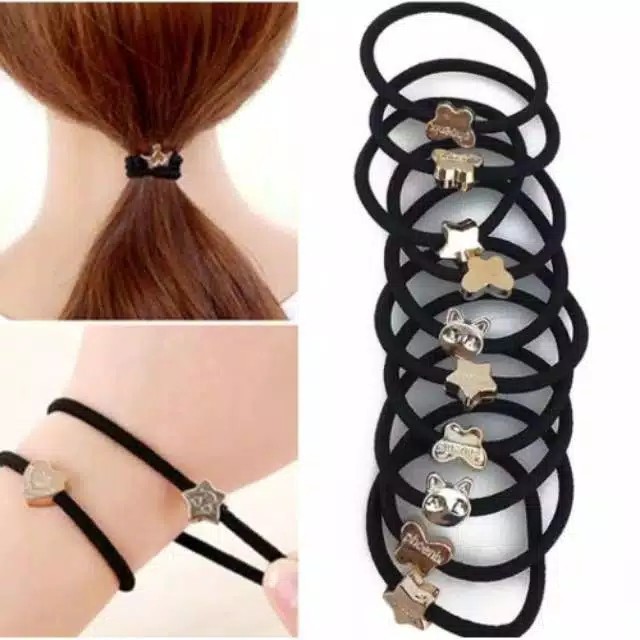 Jual IKAT RAMBUT KARET GELANG Eksklusif Warna Hitam Motif Korea ...