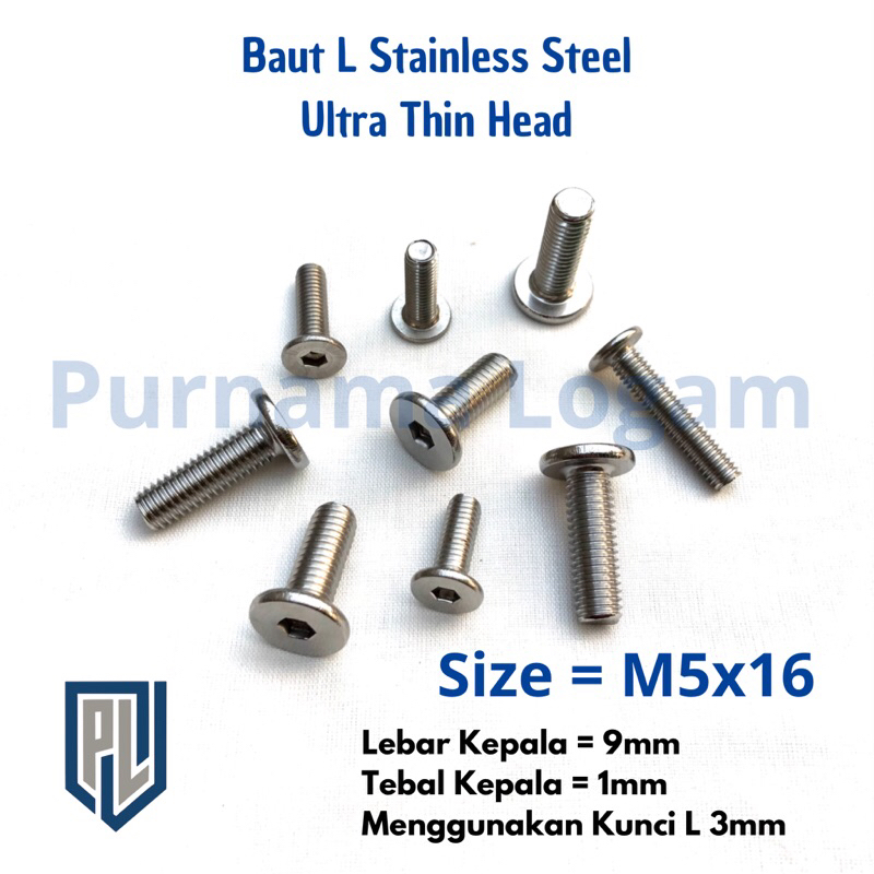 Jual Baut L Ultra Thin M5 x 16 ( Baut 8 Panjang 1,6 cm ) Stainless 304 Baut Soket Super Tipis ...