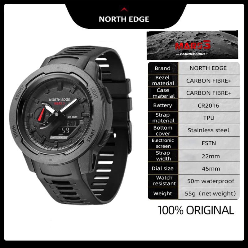 Jual NORTH EDGE Mars 3 jam tangan militer pria, jam tangan Digital serat karbon tahan air 50M ...