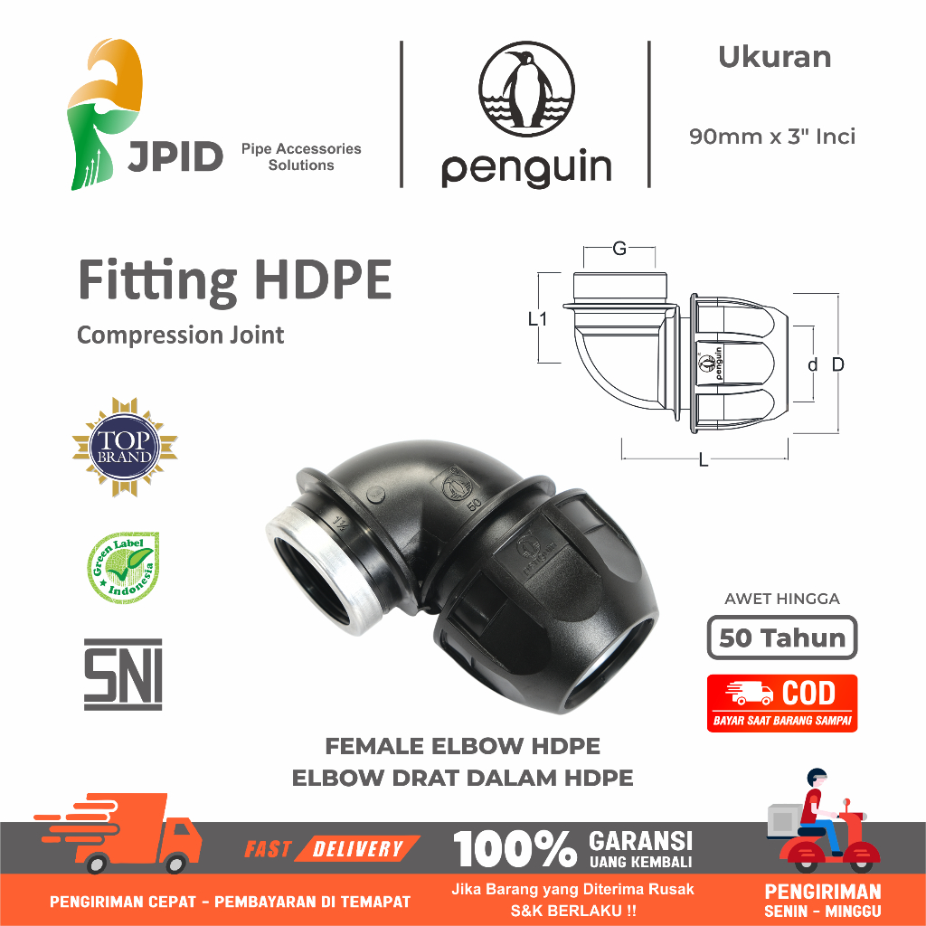 Jual Fitting HDPE Female Elbow 90mm x 3" | Shopee Indonesia