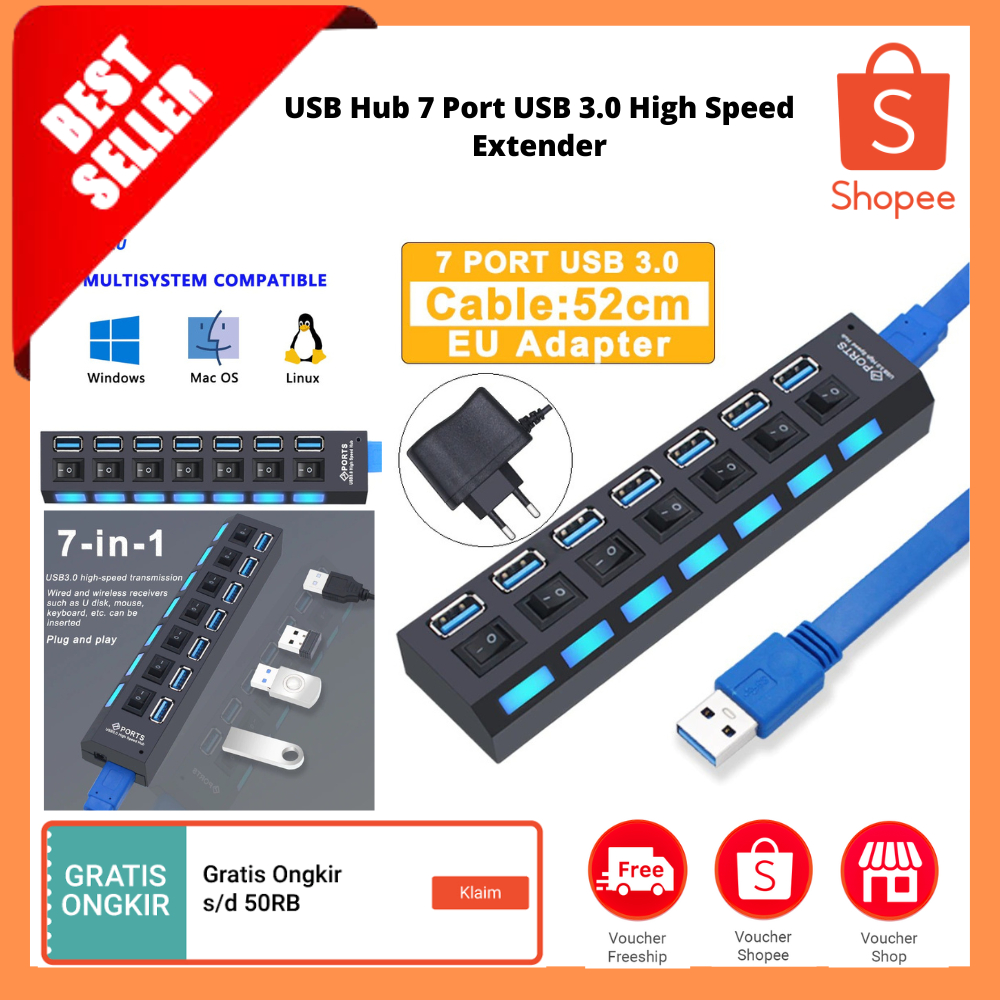 Jual USB Hub 7 Port USB 3.0 High Speed Extender / Adaptor Daya Multi USB Splitter dengan Sakelar ...
