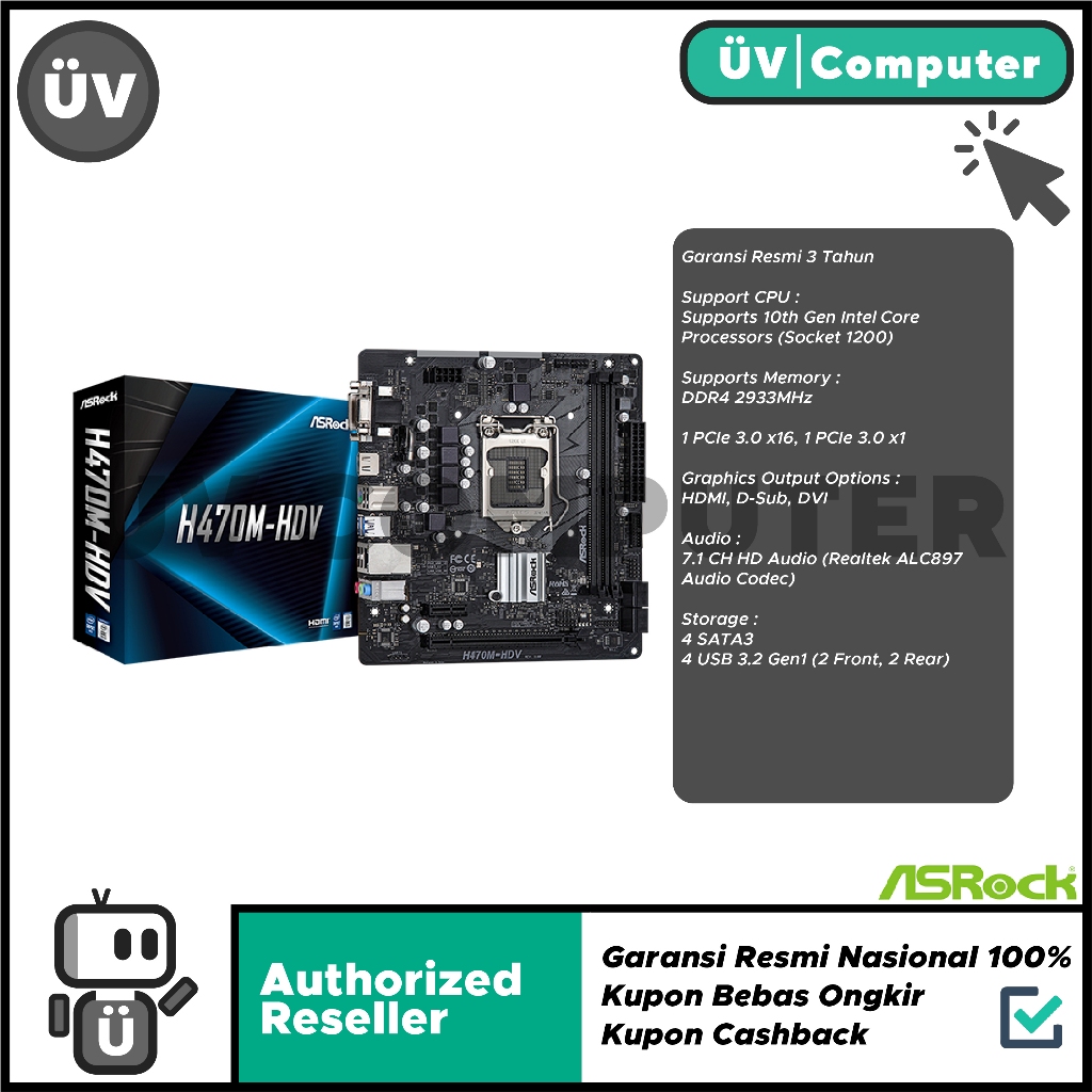 Jual Motherboard Mobo Intel Asrock H470M-HDV DDR4 LGA1200 Micro ATX | Shopee Indonesia