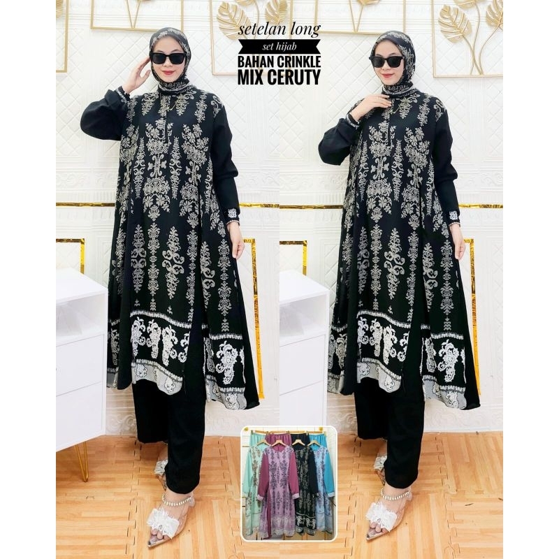 Jual ONE SET SETELAN 3 IN 1 LONG TUNIK HIJAB CERUTY MIX CRINKLE ...