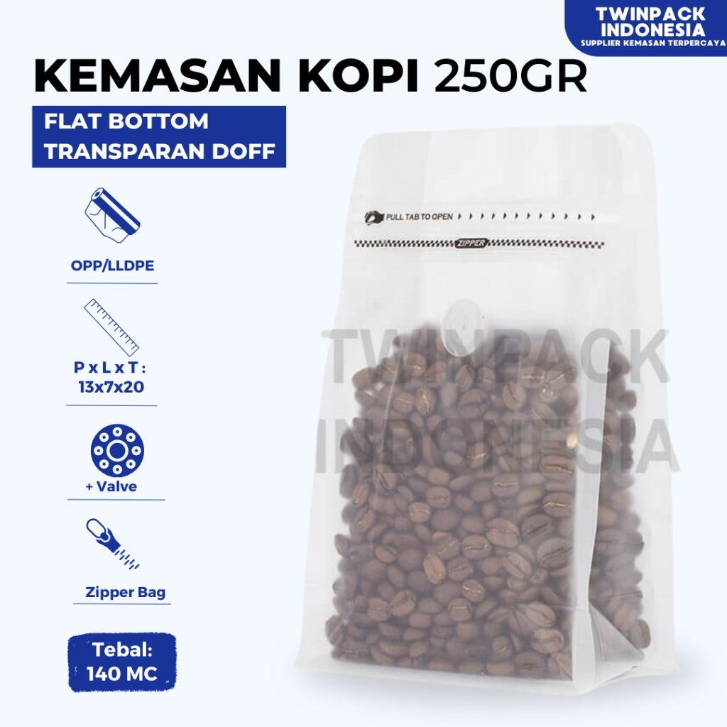 Jual Kemasan Kopi 250 gram Flat Bottom Transparan Doff |Valve Kemasan Ziplock|Packaging Kopi ...
