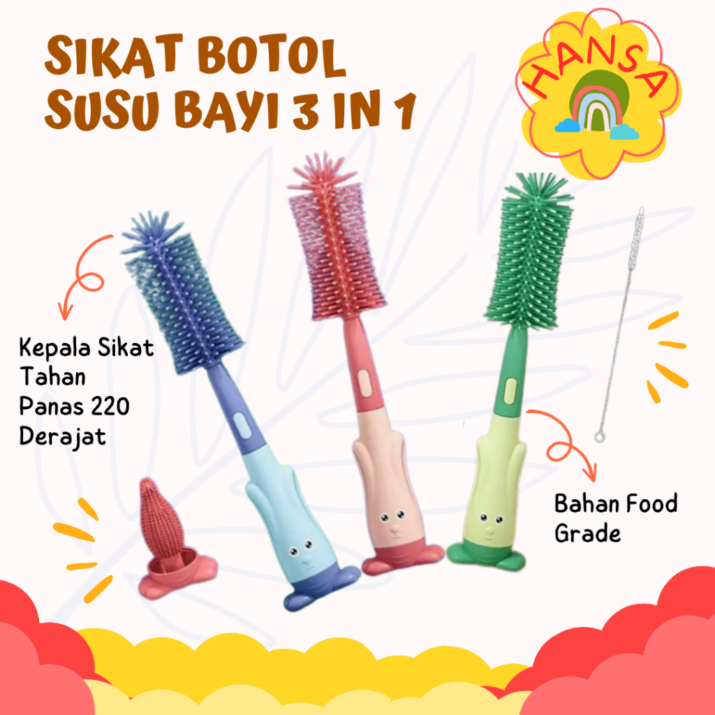 Jual Sikat Botol Set 3 in 1 Sikat Cuci Botol Bayi Silicon Portable ...