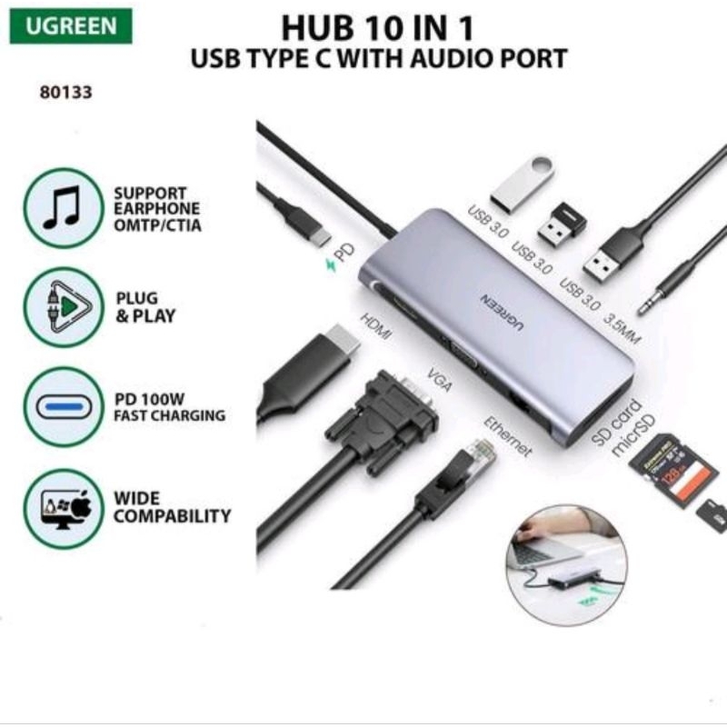 Jual UGREEN Usb HUB 10 in 1 Type C To Usb 3.0 HDMI VGA, TF/SD Card ...
