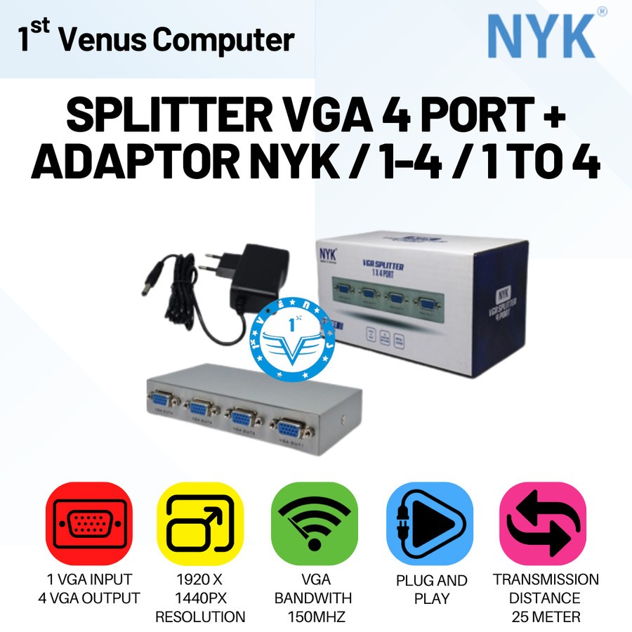 Jual SPLITTER VGA 4 PORT+ADAPTOR NYK / SPLITTER VGA 1-4 / 1 TO 4 / SPL04-NYK | Shopee Indonesia