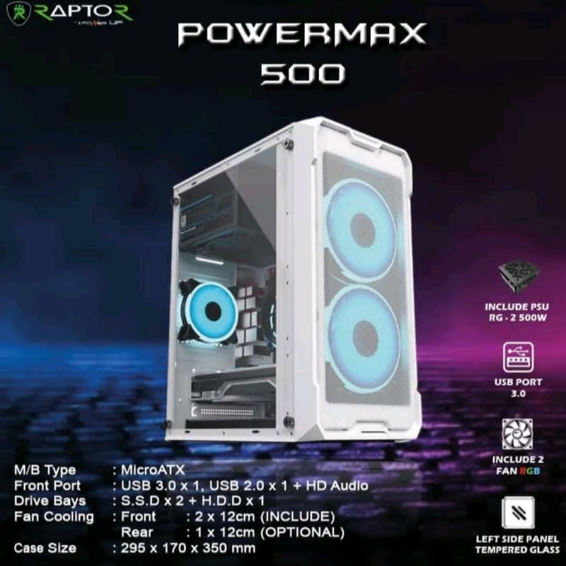Jual Casing Gaming Raptor Powermax 500 include Fan 12cm & PSU 500Watt ...