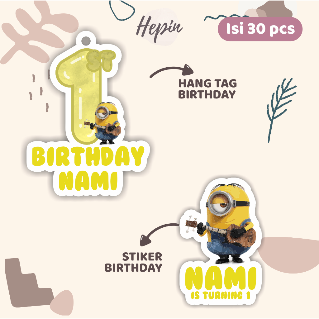 Jual (30pcs) cetak Hang tag & stiker label ulang tahun karakter MINION ...