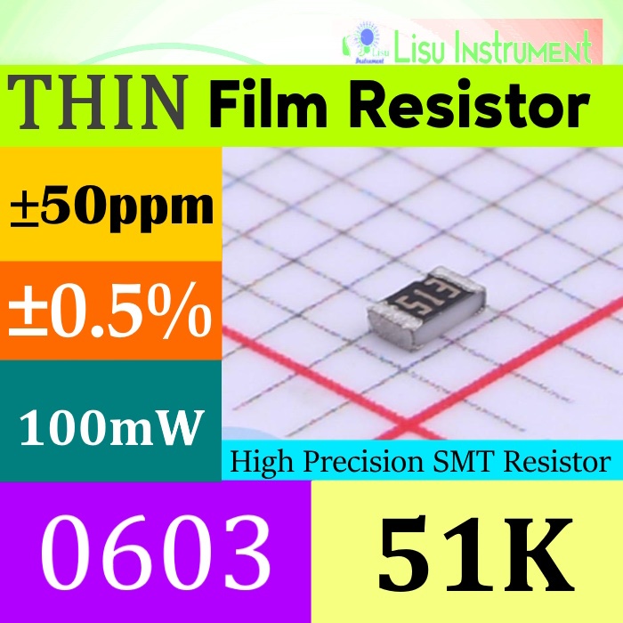 Jual 51kΩ 0603 ±0.5% THIN Film Resistor SMD ±50ppm/°C 100mW 513 51k ...