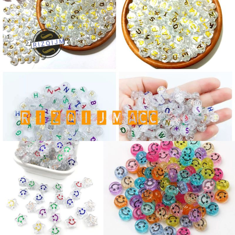 Jual [50 pcs] Mote Huruf Bulat Pipih Glitter Transparan Manik Huruf ...