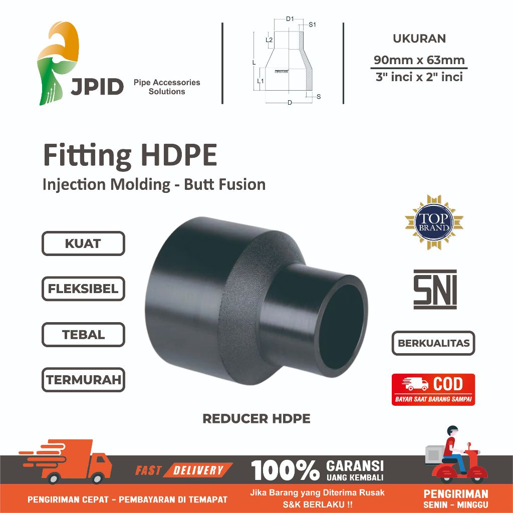 Jual Fitting Pipa HDPE Injection Reducer PN 16 Uk 90mm x 63mm atau 3" x ...