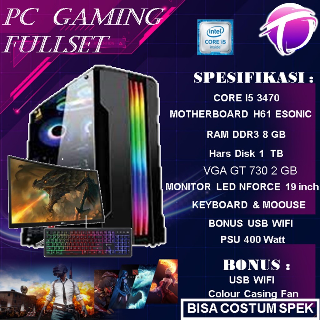 Jual Pc Gaming Komputer Rakitan Cpu Full Set Murah Core I5 3470 Fullset 4 Jutaan VGA GT 730 2 GB ...