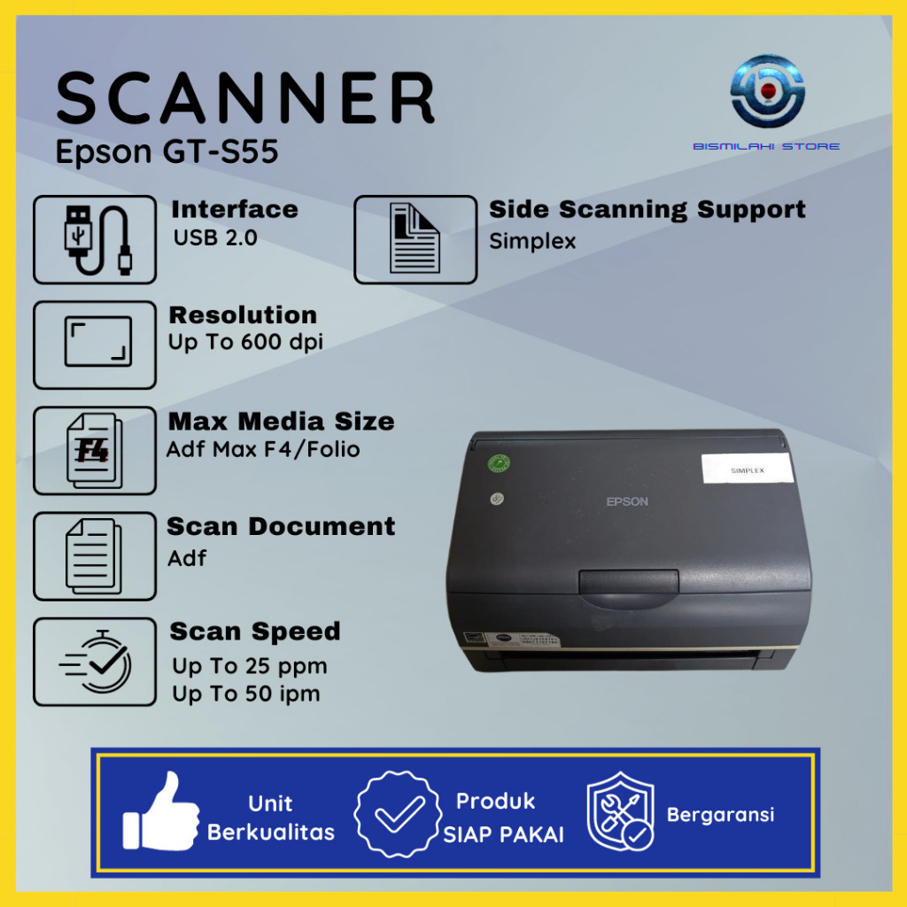 Jual Scanner F4 Epson GT-S55 Kecepatan Scan 25 PPM Kapasitas ADF 75 ...