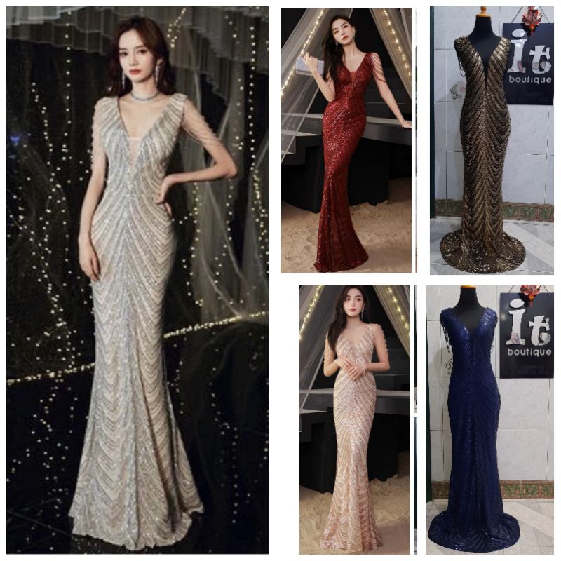 Jual Longdress sequin rosegold maroon hitam - gaun pesta premium WS12 ...