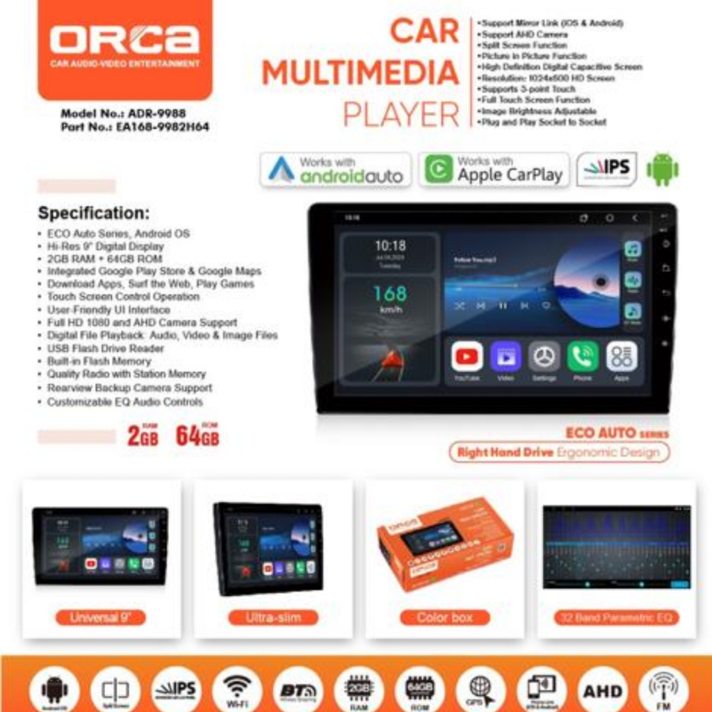 Jual Head Unit Android ORCA ADR- 9988 Eco Series Carplay - Android Auto ...