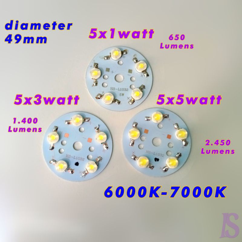 Jual LED 5w 15w 25watt putih pcb HPL 5x1w 5x3w 5x5watt seri 49mm plus heatsink aluminium 6000k ...