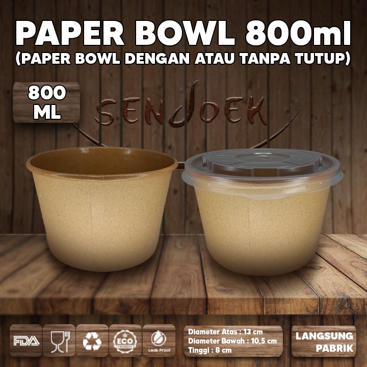 Jual Paper Bowl Kraft Coklat 800ml Laminasi / Mangkok Kertas + Tutup ...