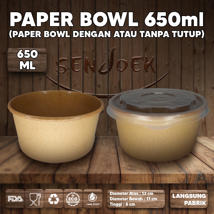 Jual Paper Bowl Kraft Coklat 650ml Laminasi / Mangkok Kertas + Tutup ...