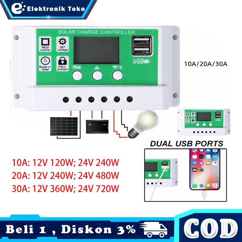 Jual SCC PWM untuk baterai lithium Controller Panel Surya 12V 24V 30A ...
