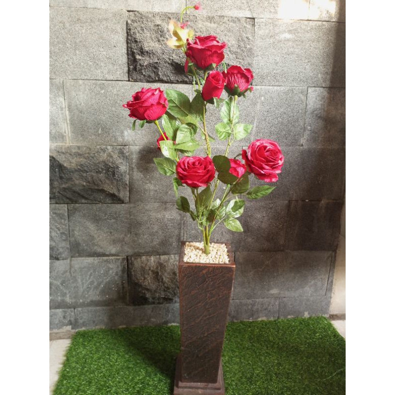 Jual (COD) BUNGA SUDUT MAWAR HIAS ARTIFICIAL POT KAYU HIASAN SUDUT ...