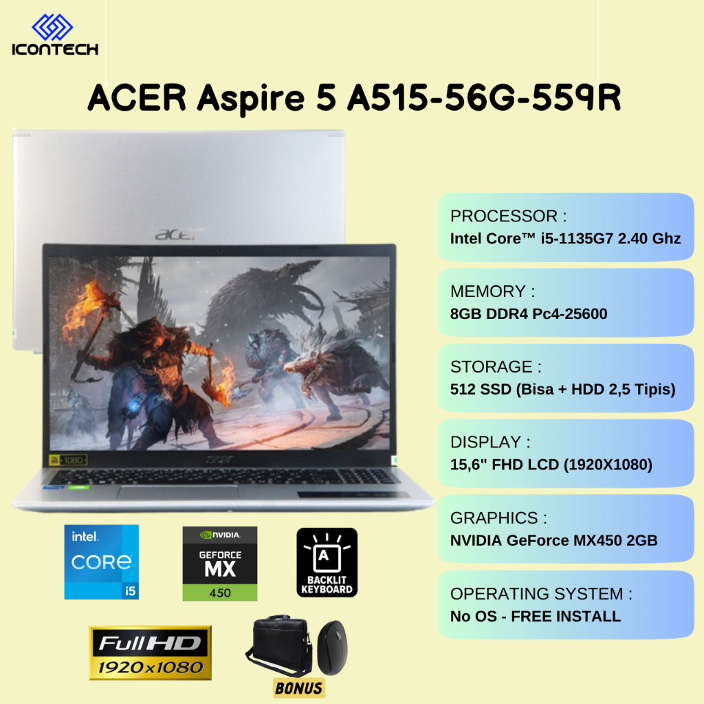 Jual ACER Aspire5 A515-56G-559R | i5-1135G7 | RAM 8GB | 512SSD | MX450 ...
