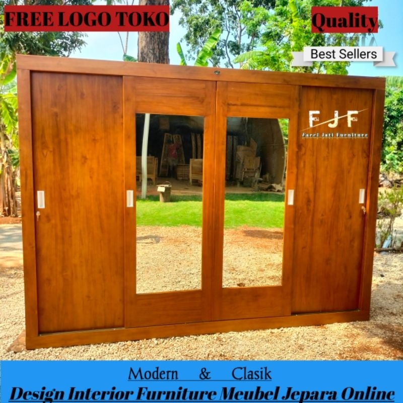Jual Lemari Pakaian Minimalis 4 Pintu Sliding Geser Kayu Jati Grade A Lemari Baju Modern ...