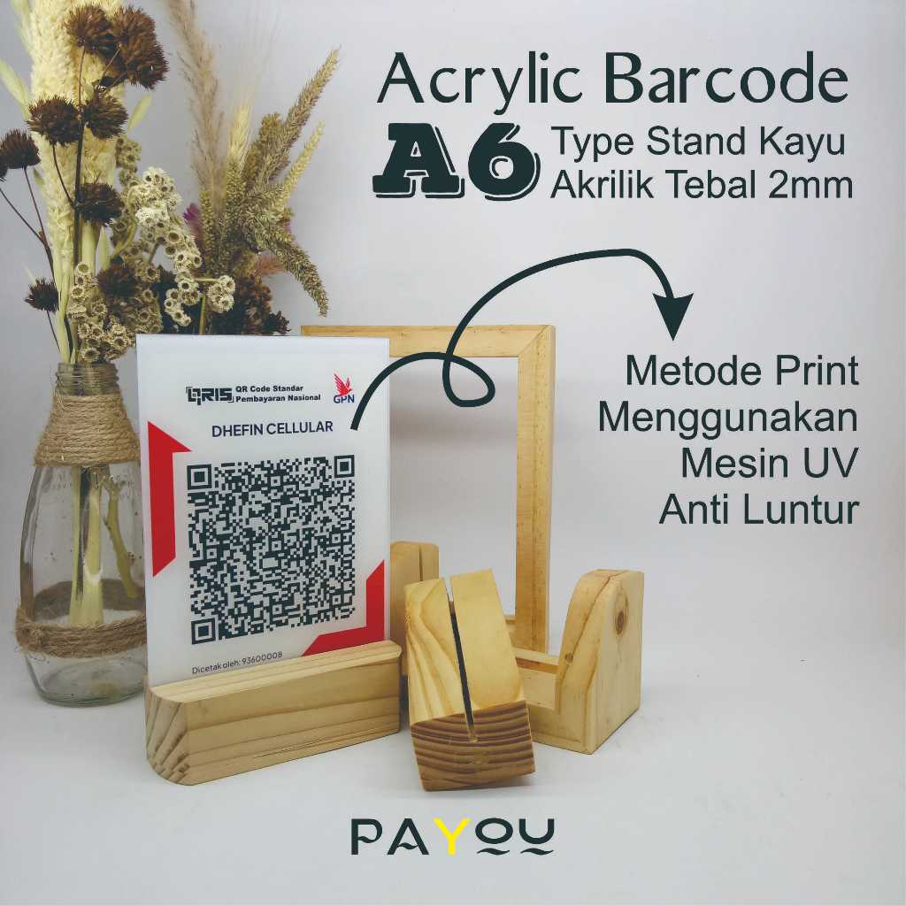 Jual Acrylic Barcode Custom A6 Print UV Stand Kayu/ Tempat QRIS/ Cetak ...
