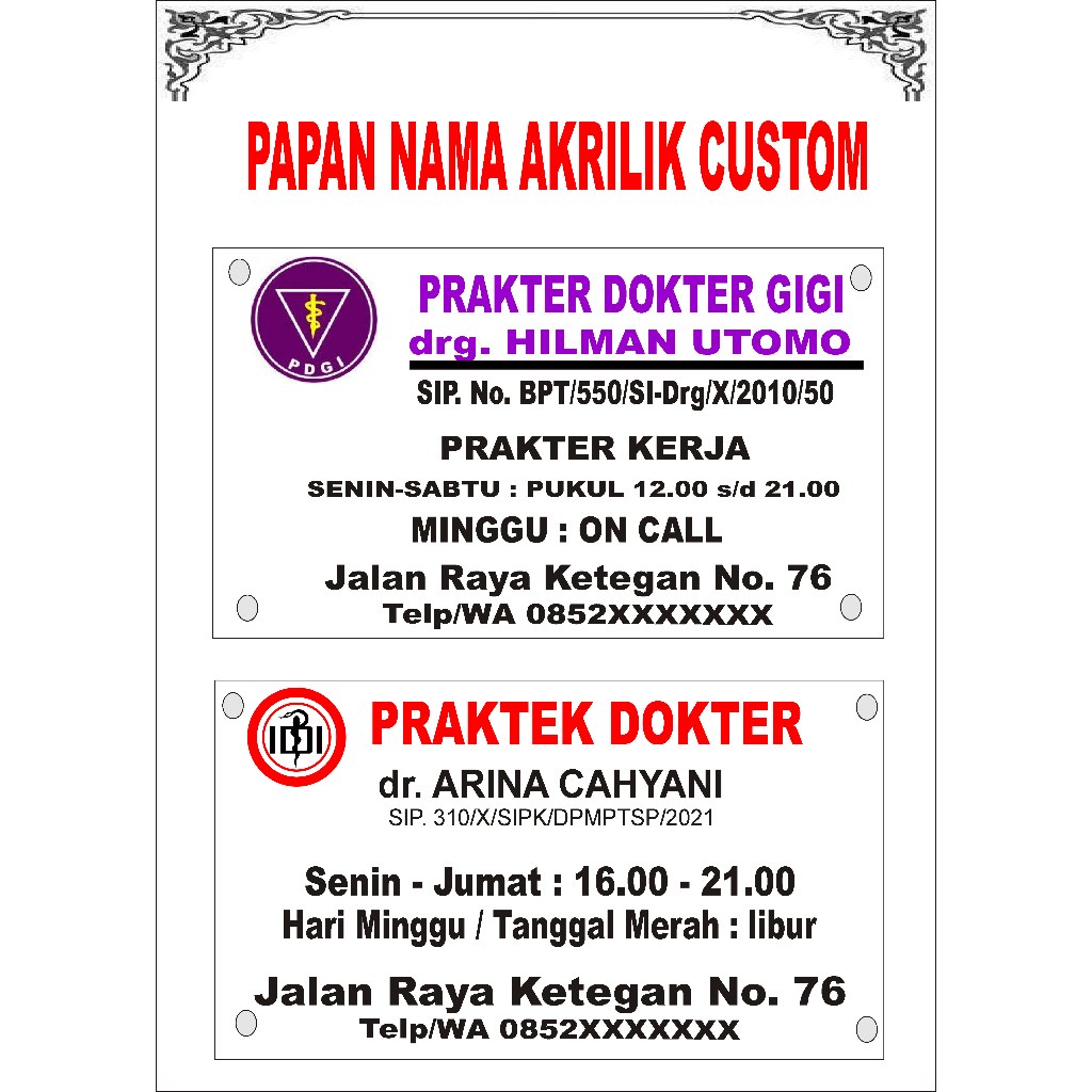 Jual PAPAN NAMA AKRILIK, PAPAN PRAKTEK DOKTER, APOTEKER, BIDAN, PERAWAT ...