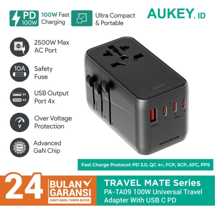 Jual Aukey Charger Travel Adapter 100W / GaN Universal Adapter WIth USB Port Type C PA-T09 ...