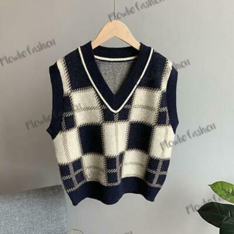 Jual GOPLUS Rompi Vintage Kotak-kotak Sweater Rompi Wanita Korea V-neck ...