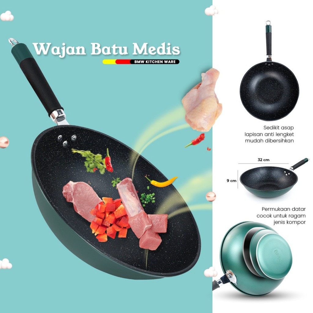 Jual Wajan Batu Medis Anti Lengket 32 CM Wajan Penggorengan Tebal dan ...