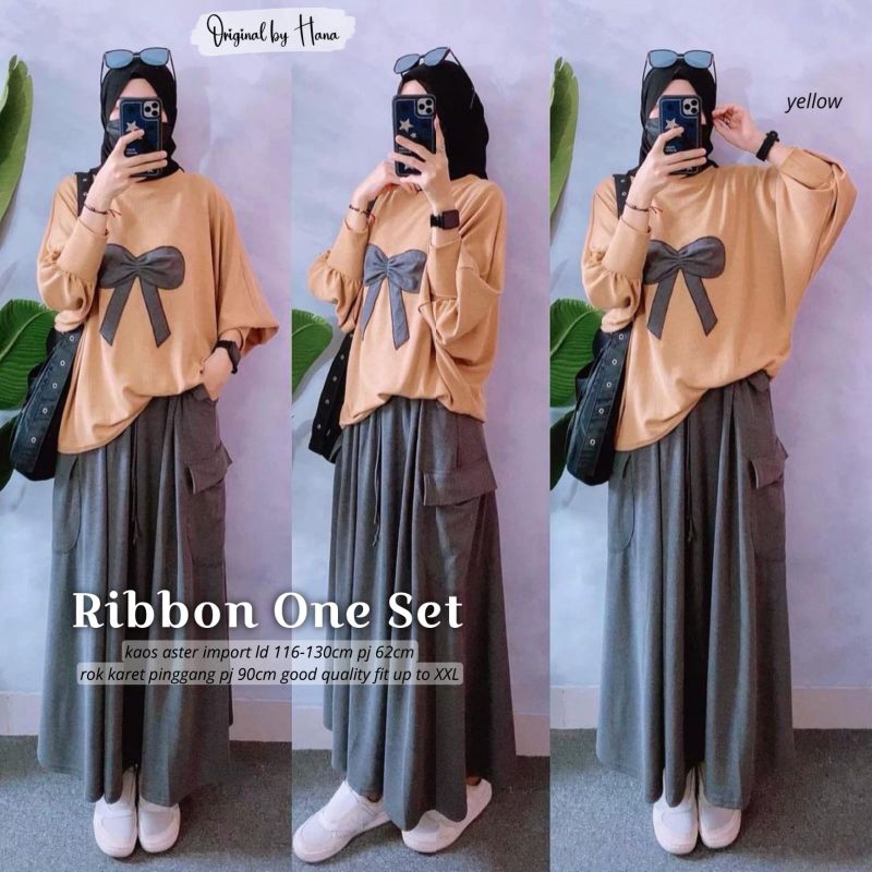 Jual (( READY STOCK )) RIBBON ONE SET ROK CARGO KNITE ASTER VARIASI PITA OKTA OCHE SET ORI BY ...