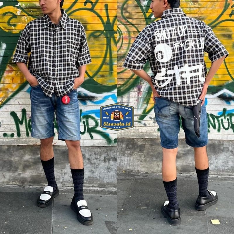 Jual WORKSHIRT OVERSIZE SEMI CROP NEW FLANNEL FULL BACK PRINT HITAM ...