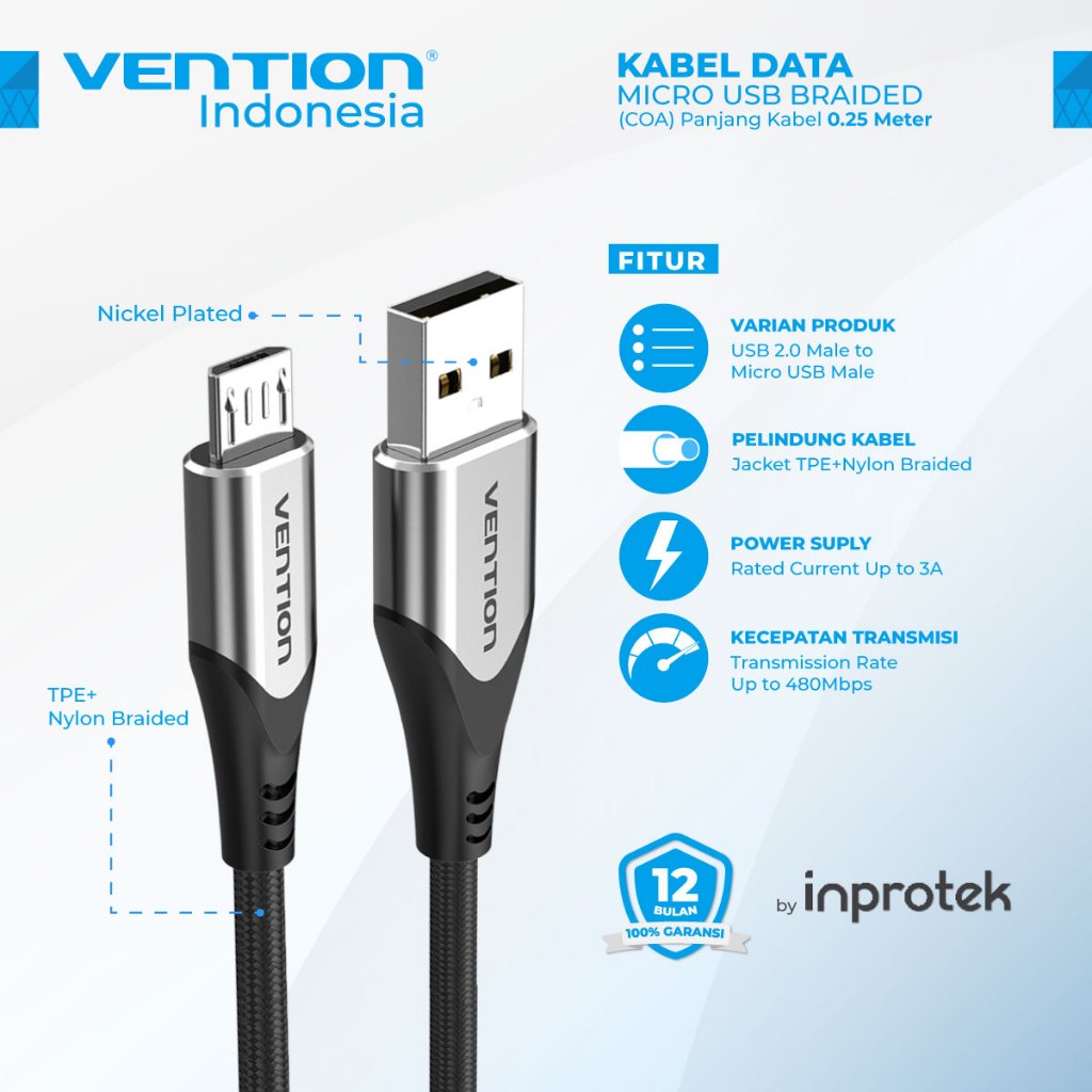 Jual Vention Kabel Data Micro USB Braided Fast Charge Android Samsung ...