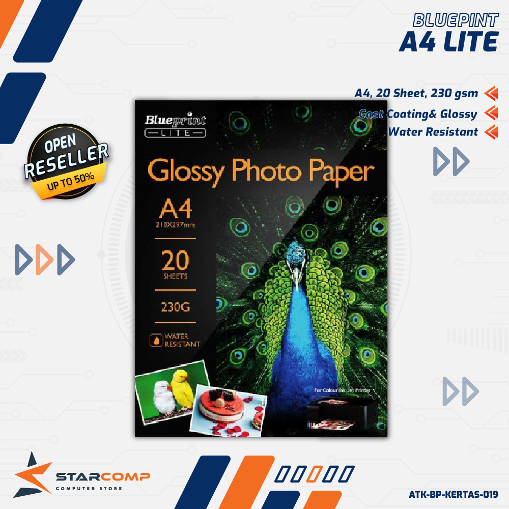 Jual Kertas Foto Glossy Photo Paper Poto BLUEPRINT Lite A4 - 10R 230 ...